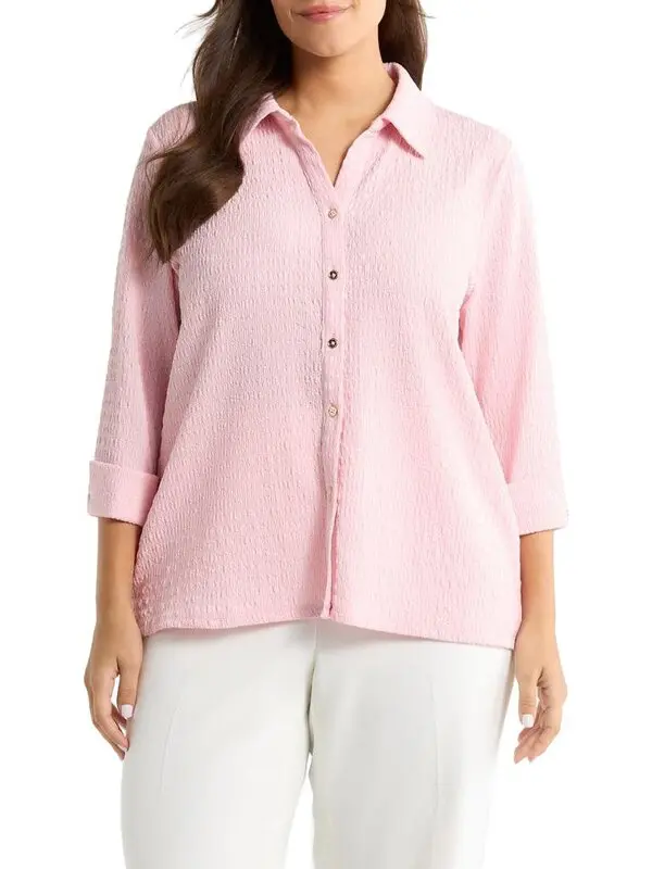 KASPER Ridge Knit Button-up Shirt - Tutu Pink