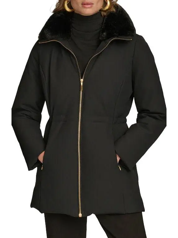 Donna Karan New York Lux Water Resistant Puffer Coat With Faux Fur Trim - Black