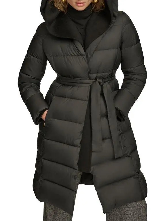 Donna Karan New York Water-resistant Hooded Puffer Coat With Sash - Black
