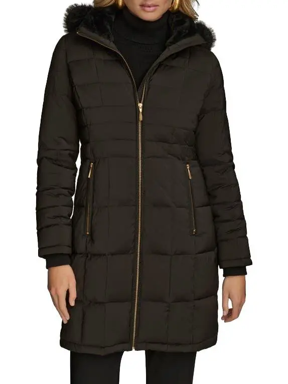 Donna Karan New York Water-resistant Puffer Coat With Faux Fur Trim - Black