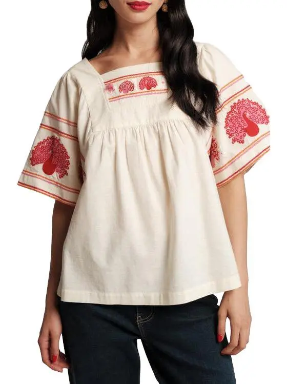 FRANCES VALENTINE Picnic Peacock Embroidered Top - Oyster/multi