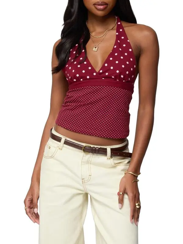 EDIKTED Polka Dot Halter Top - Burgundy