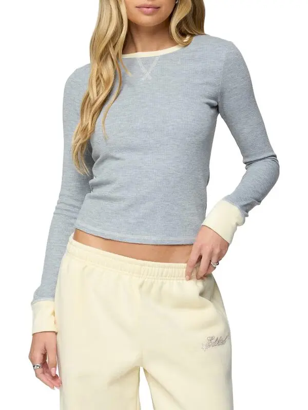 EDIKTED Contrast Trim Crop Waffle Top - Gray-melange