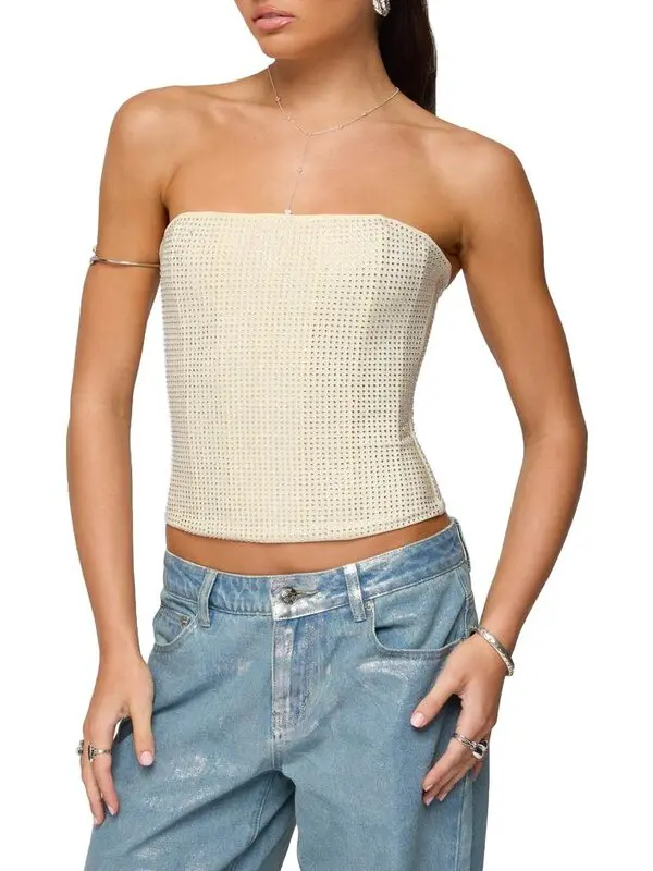 EDIKTED Rhinestone Strapless Corset Top - Cream