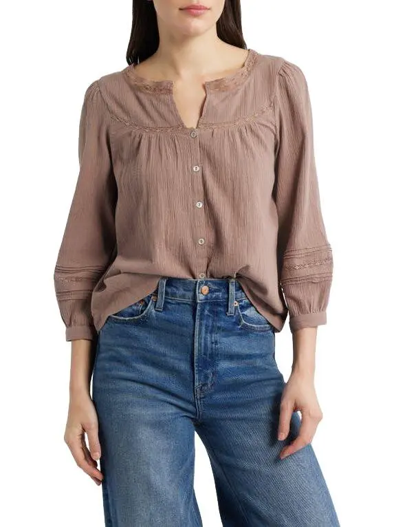 Lucky Brand Lace Detail Cotton Top - Deep Taupe