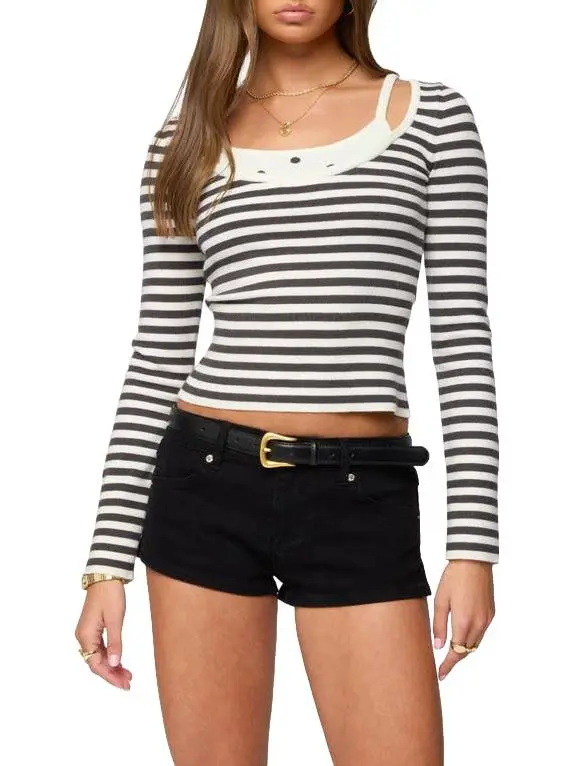 EDIKTED Striped Layered Long Sleeve Crop Top - Gray-and-white