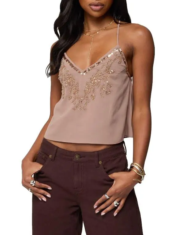 EDIKTED Sequin Beaded Camisole - Taupe