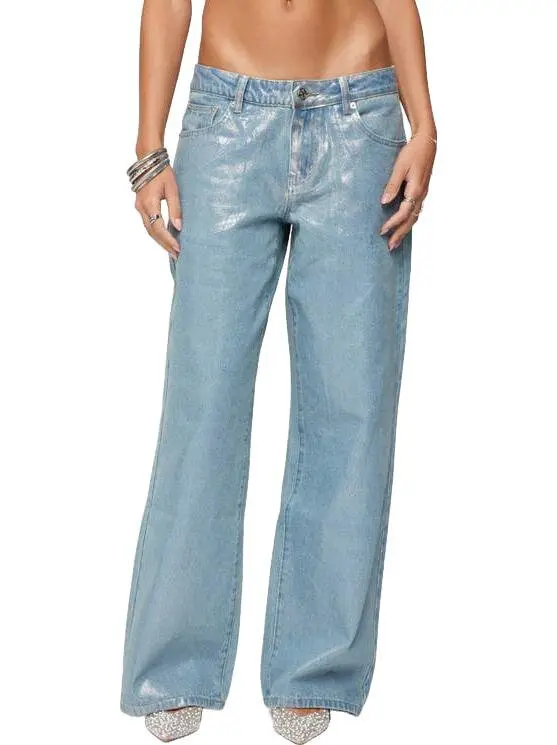 EDIKTED Shiny Wide Leg Jeans - Silver