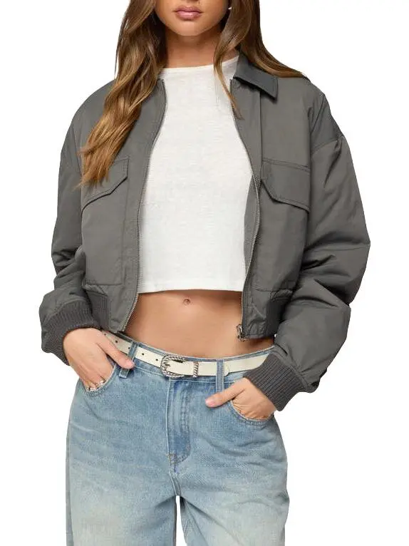 EDIKTED Oversized Ruched Sleeve Bomber Jacket - Gray