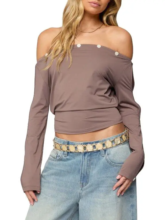 EDIKTED Off-the-shoulder Cutout Top - Brown