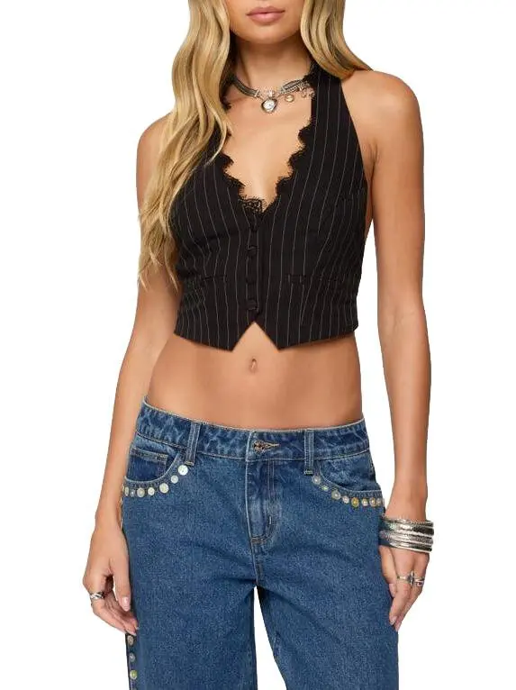 EDIKTED Pinstripe Halter Vest With Lace Trim - Black