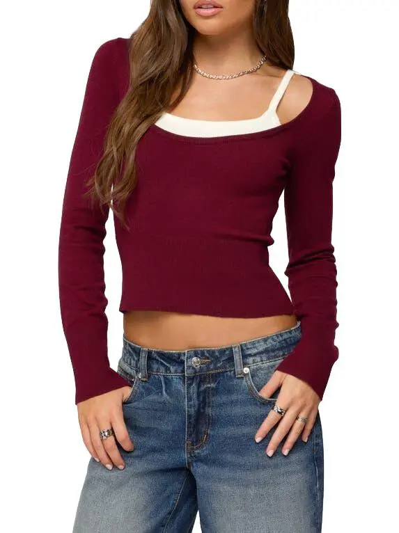 EDIKTED Layered Long Sleeve Crop Top - Burgundy-and-cream