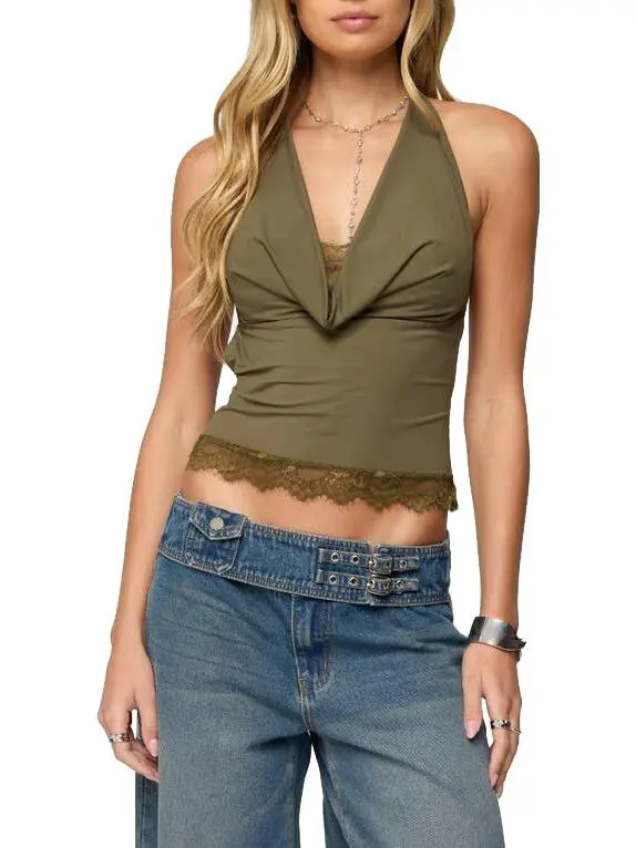 EDIKTED Layered Lace Trim Halter Top - Olive