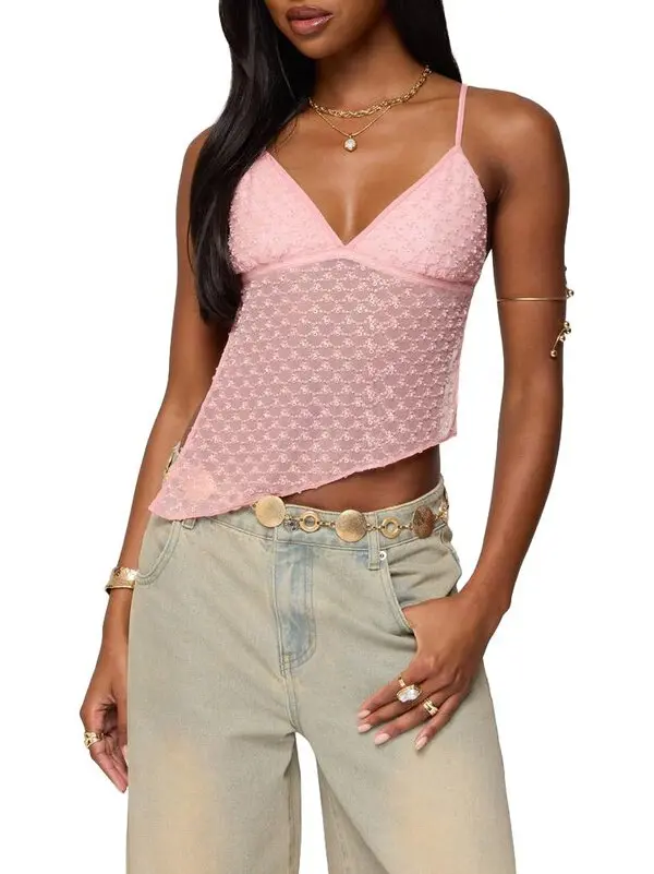 EDIKTED Beaded Asymmetric Mesh Top - Light-pink