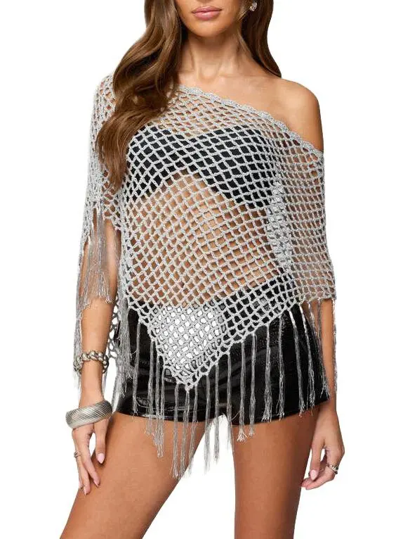 EDIKTED Metallic Fringe Poncho - Silver