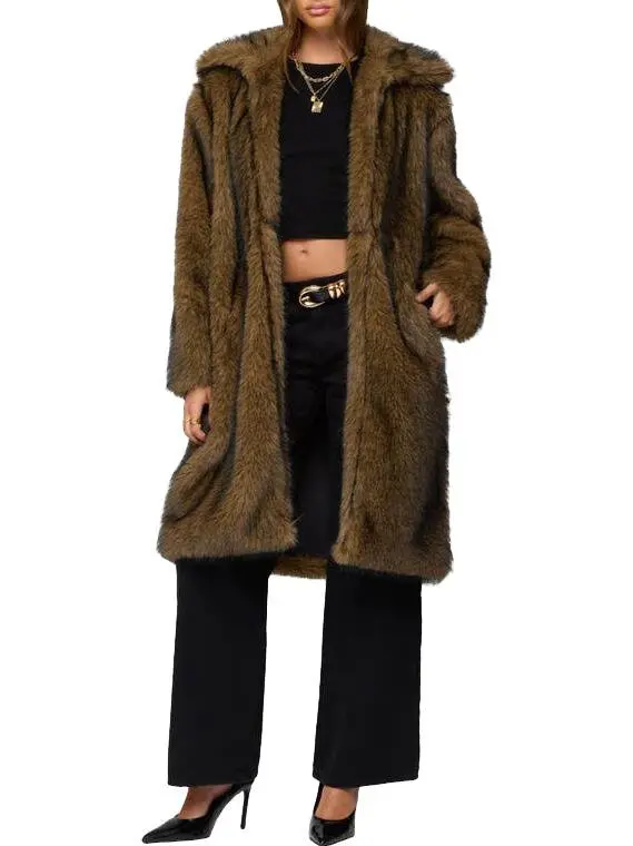 EDIKTED Oversize Faux Fur Coat - Brown