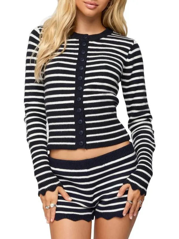 EDIKTED Striped Knit Cardigan - Navy-and-white