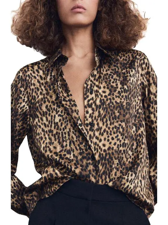 Mango Leopard Print Satin Button-up Shirt - Brown
