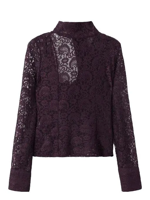 Mango Lace Mock Neck Top - Wine