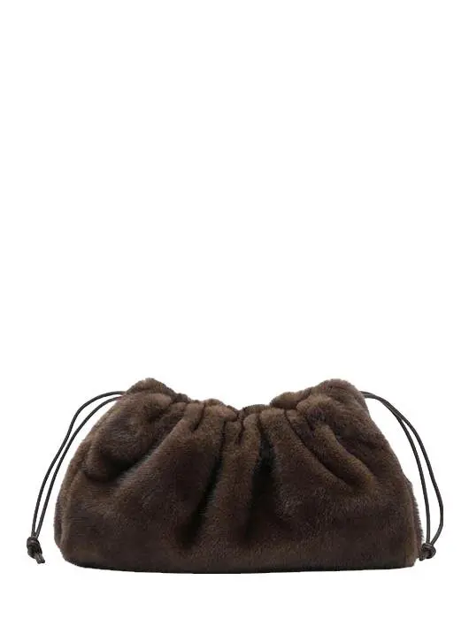 Mango Faux Fur Drawstring Clutch - Chocolate