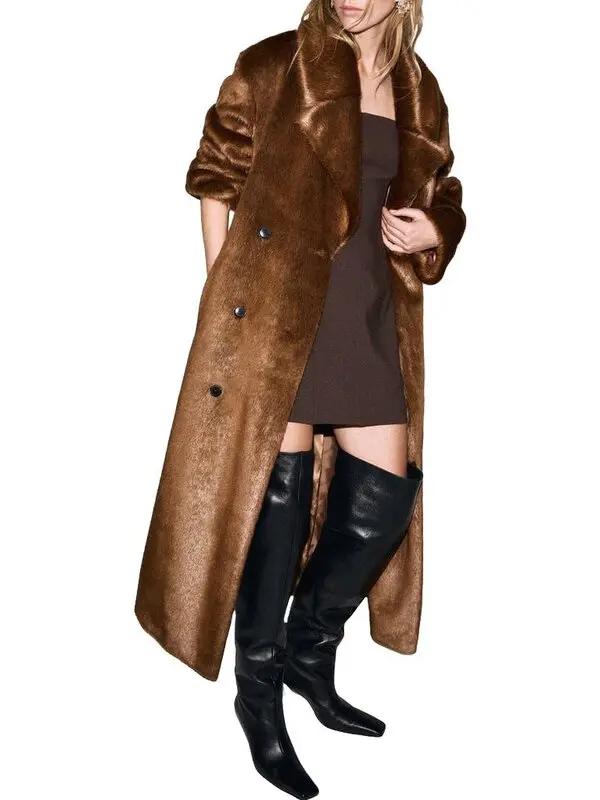 Mango Faux Fur Belted Coat - Medium Brown