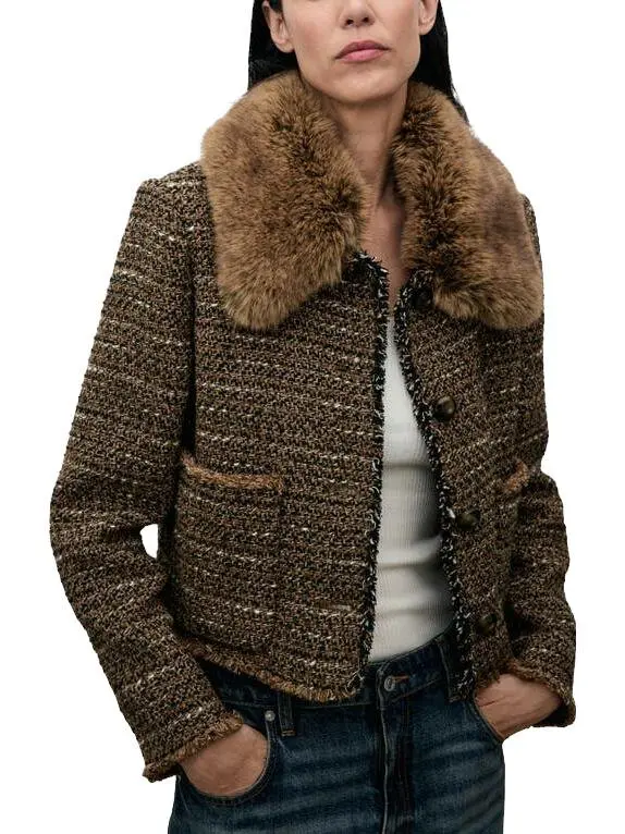 Mango Fringe Tweed Jacket With Faux Fur - Brown