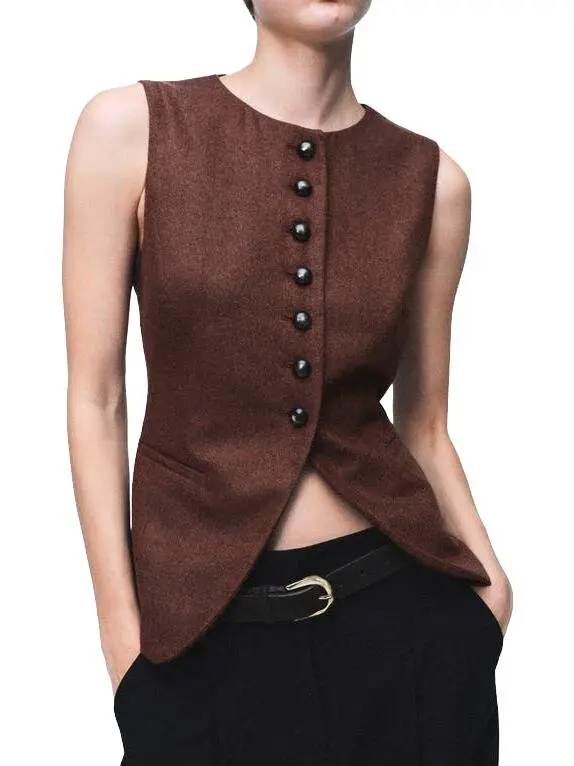 Mango Button-front Wool-blend Vest - Tobacco Brown