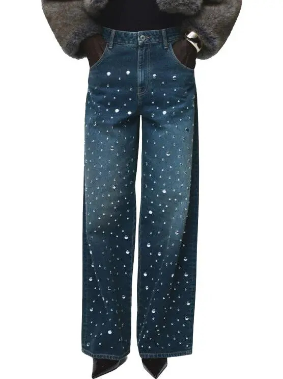 Mango Studded Straight-leg Jeans - Dark Blue