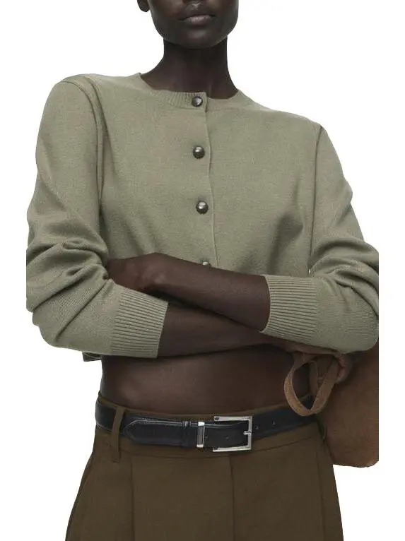 Mango Crewneck Crop Cardigan - Khaki Green