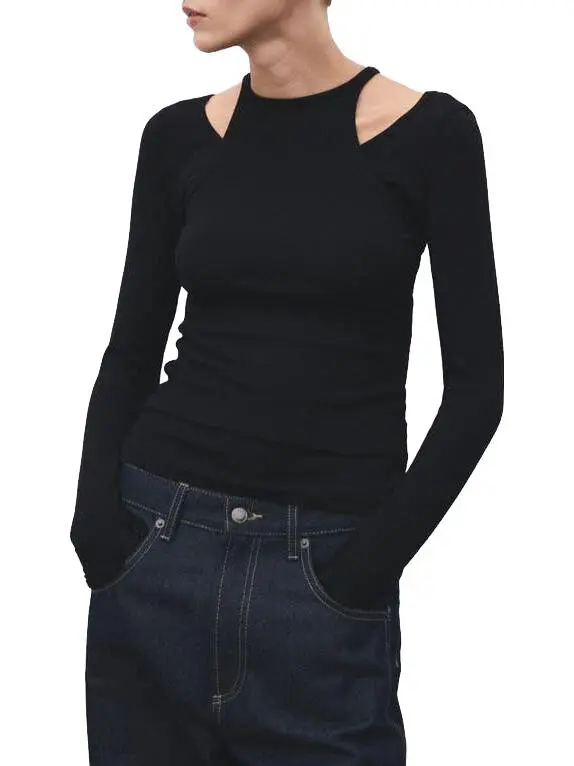 Mango Layered Look Long Sleeve Rib T-shirt - Black