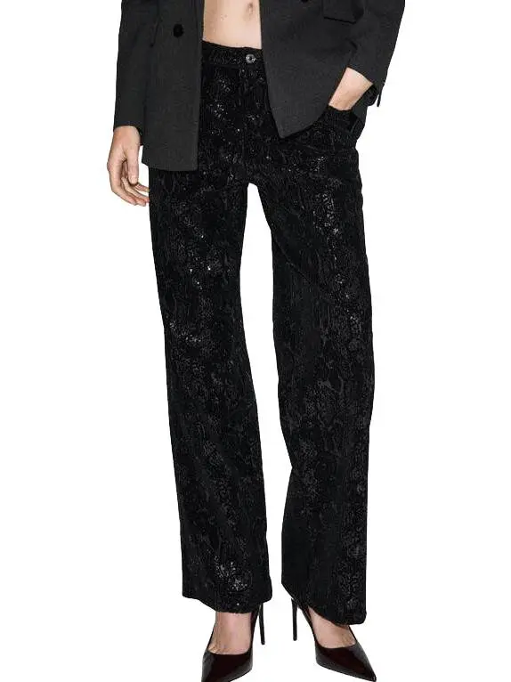 Mango Sequin Embellished Straight Leg Jeans - Black