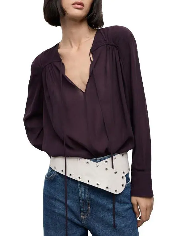 Mango Floral Shirred Yoke Top - Burgundy