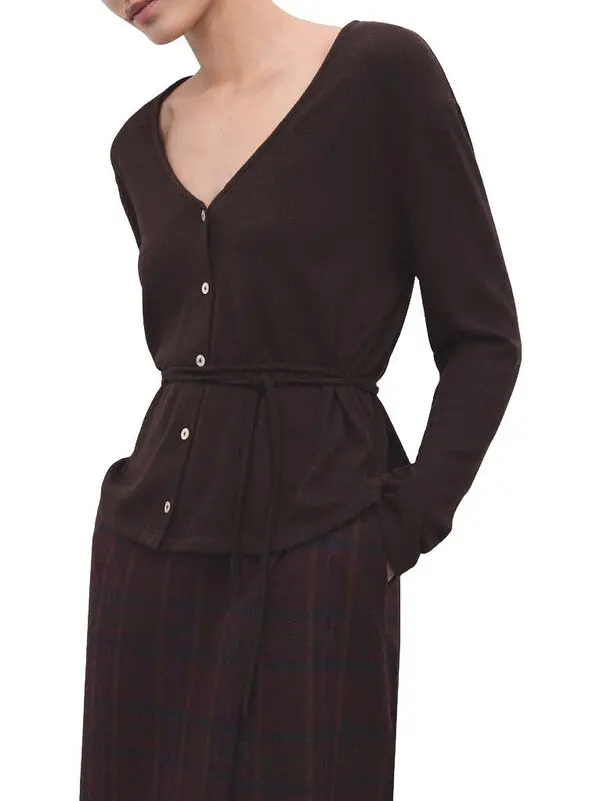 Mango Belted V-neck Cardigan - Brown