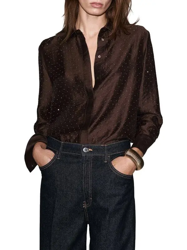 Mango Rhinestone Satin Button-up Shirt - Brown