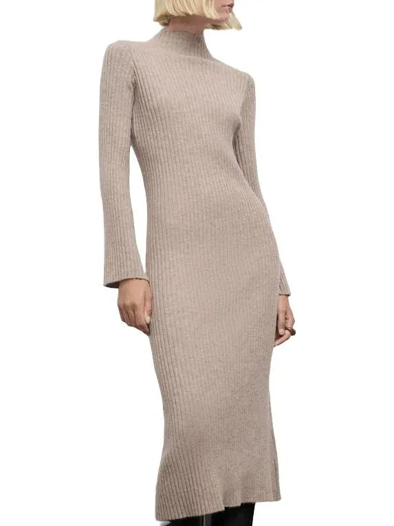 Mango Ribbed Long-sleeve Midi Sweater Dress - Medium Brown