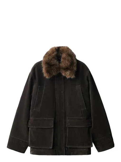 Mango Velvet Finish Coat With Removable Faux-fur Collar - Chocolate