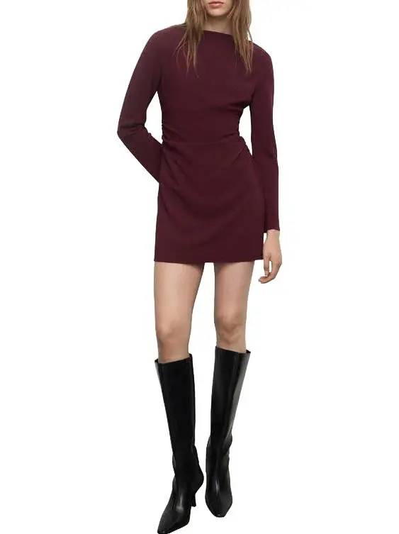 Mango Ruched Bateau Neck Long Sleeve Minidress - Maroon