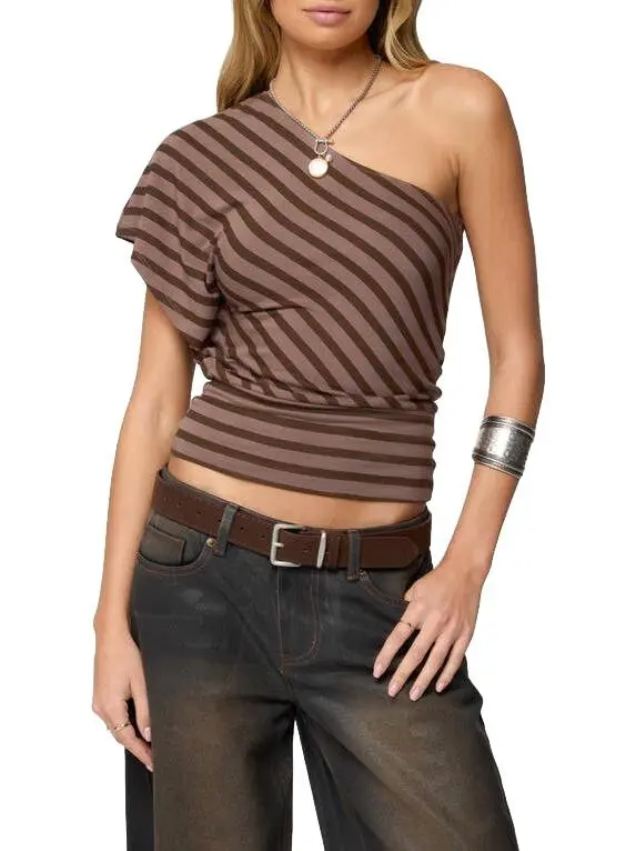 EDIKTED Striped One-shoulder Crop Top - Brown