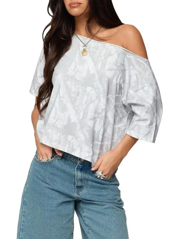 EDIKTED Camo Off-the-shoulder Top - Gray