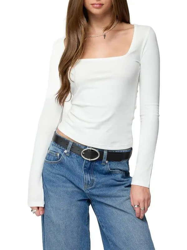 EDIKTED Zandra Rib Square Neck Top - White