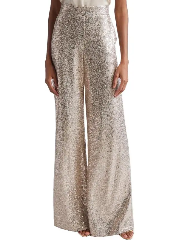 St. John Sequin Embellished Wide-leg Trousers - Latte Light Grey Melange
