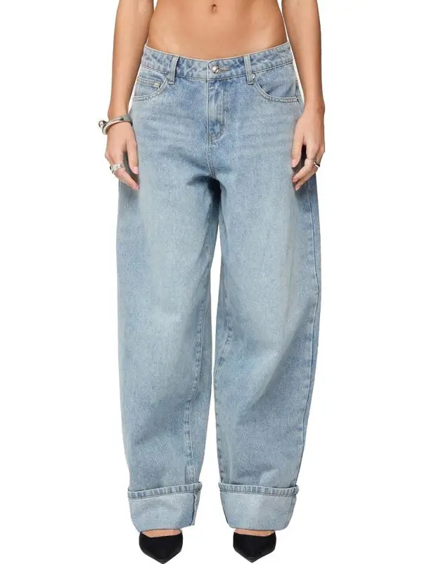 EDIKTED Kella Low Rise Oversized Jeans - Blue-vintage-washed