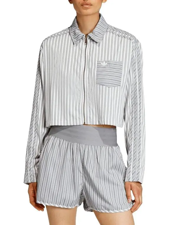 Adidas Originals By Alexander Wang Stripe Crop Zip-up Shirt - Grey Three/utility Black