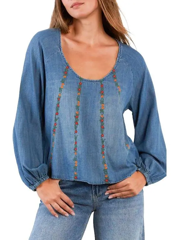 BILLY T Floral Embroidered Top - Denim