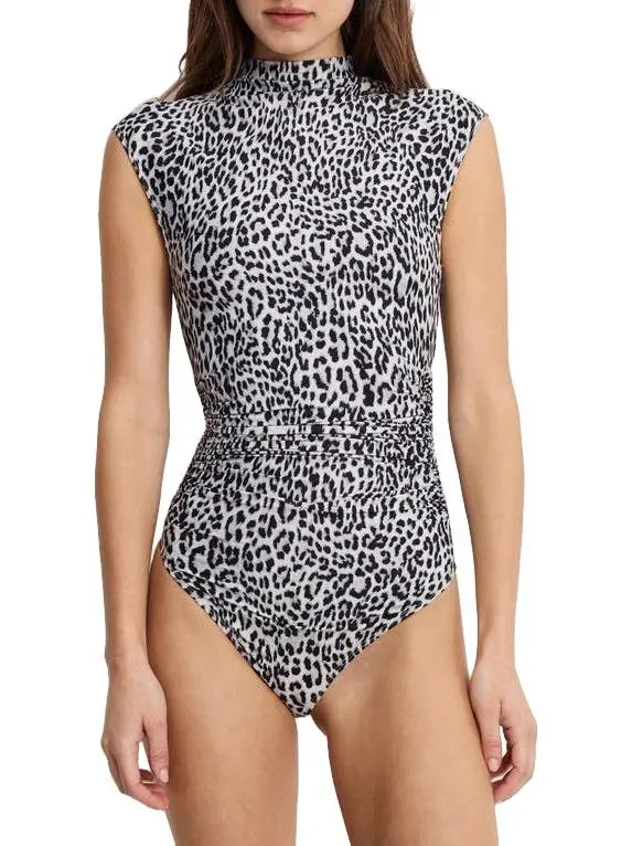 Good American Weightless Mock Neck Bodysuit - Black And Grey Leopard