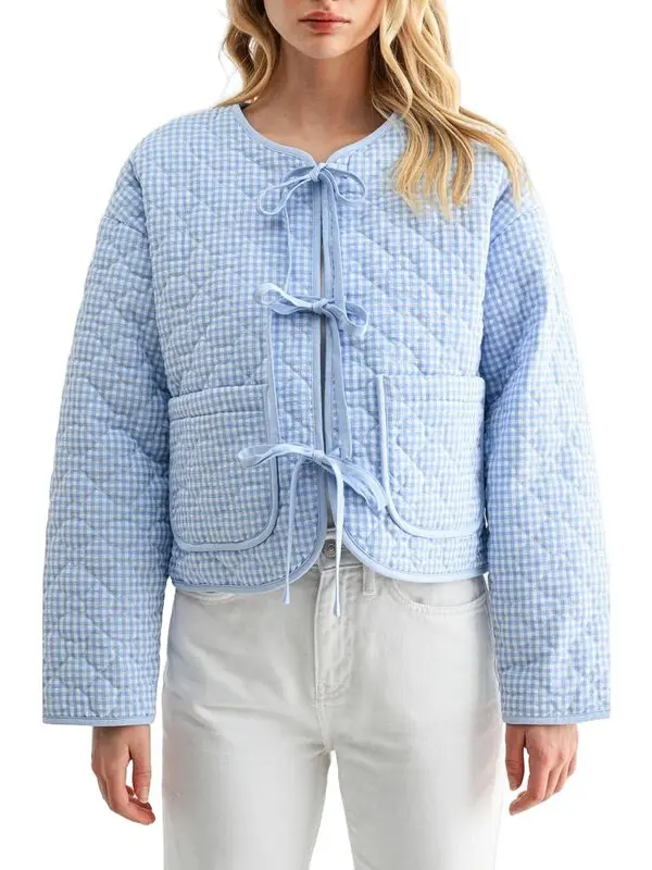 ALL IN FAVOR Gingham Tie-front Quilted Jacket - Light Blue Gingham