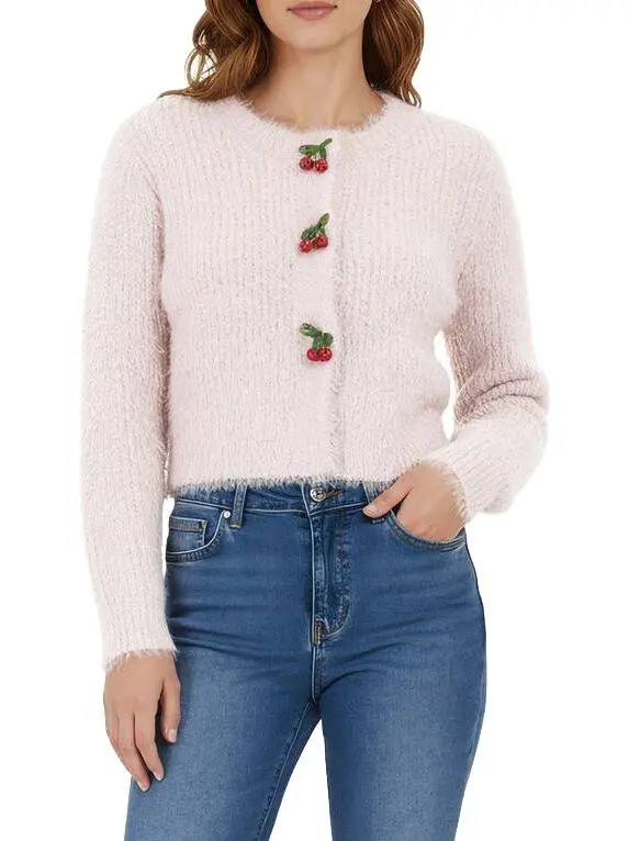 ALL IN FAVOR Cherry Appliqué Fuzzy Crop Cardigan - Pink