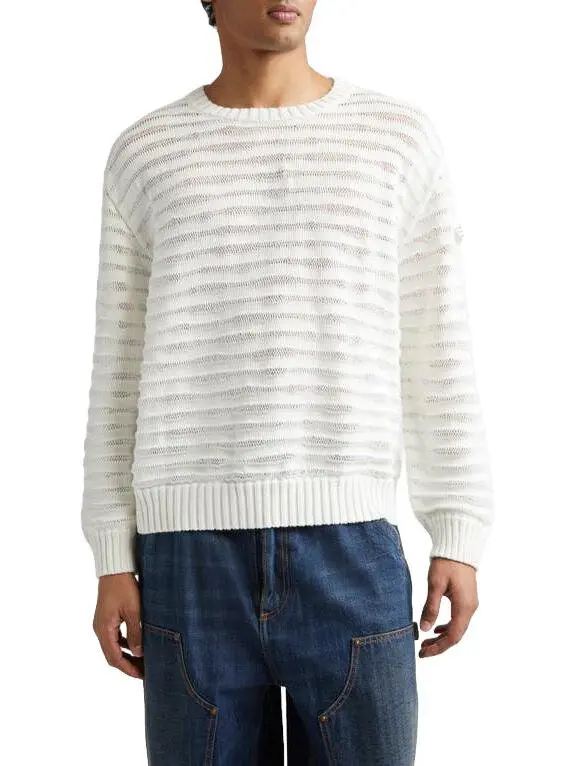 MAISON MARGIELA Open Knit Stripe Cotton Crewneck Sweater - Off White