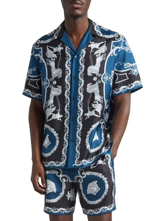 Versace La Coupe Des Dieux Silk Camp Shirt - Black Petrol Blue