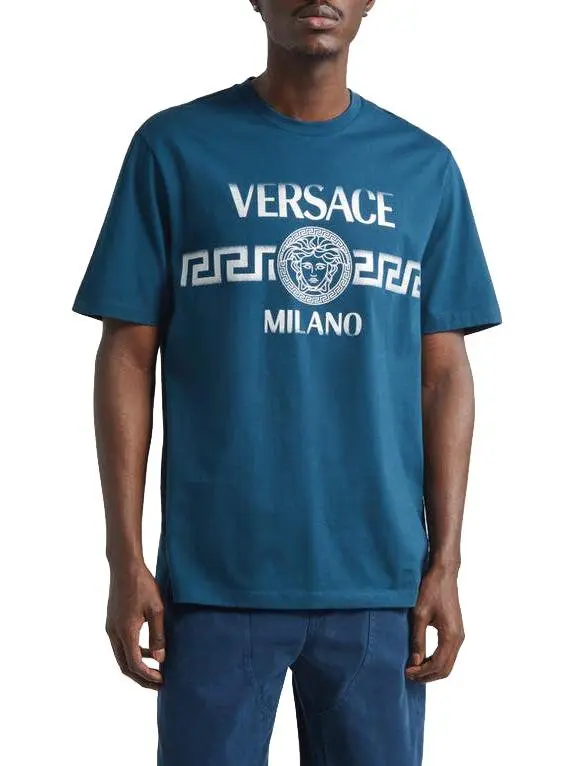 Versace Medusa Glitter Compact Cotton Jersey Graphic T-shirt - Petrol Blue